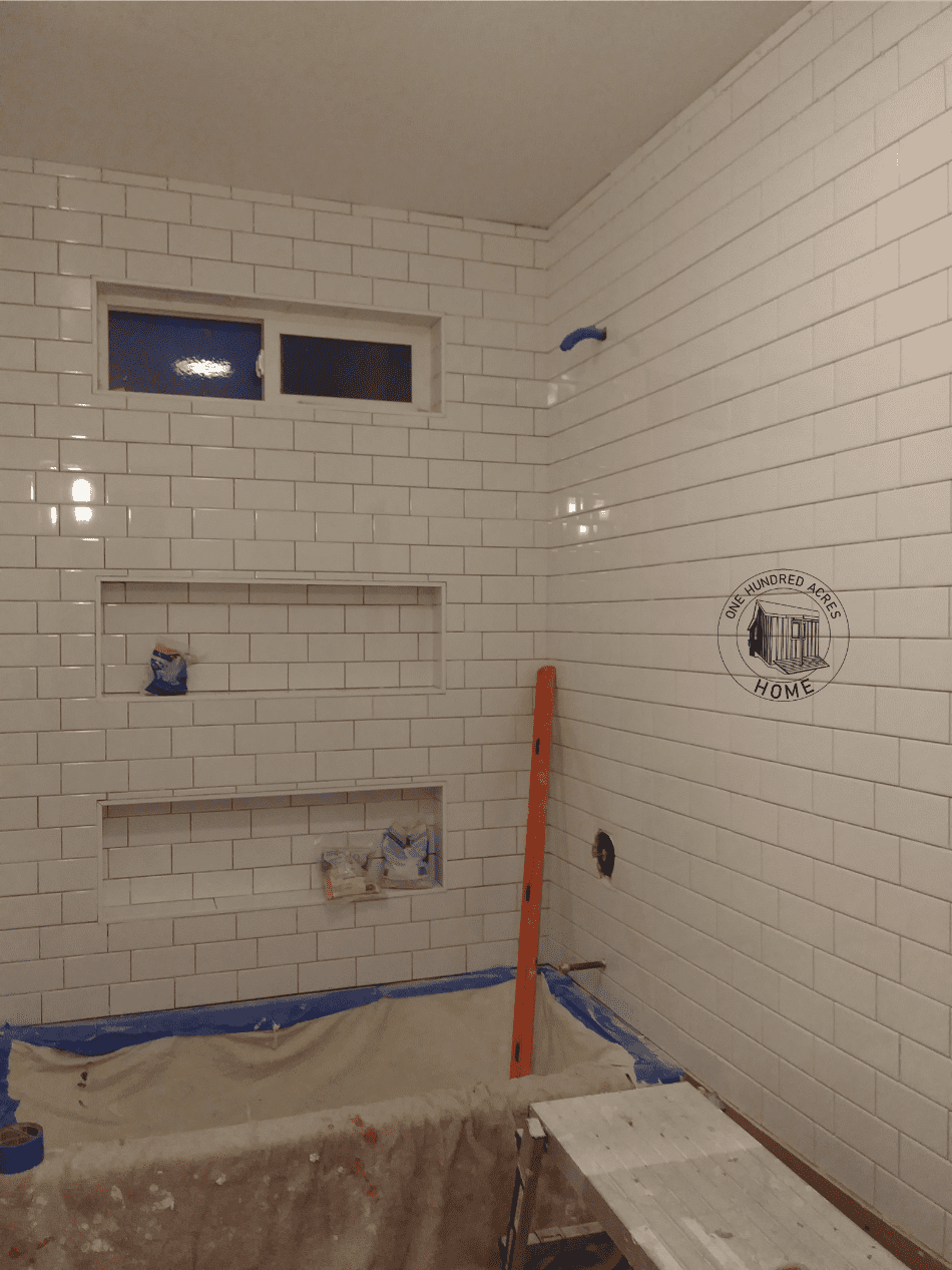 How to DIY Install Bathroom Full Height Subway Tile Walls - One Hundred ...